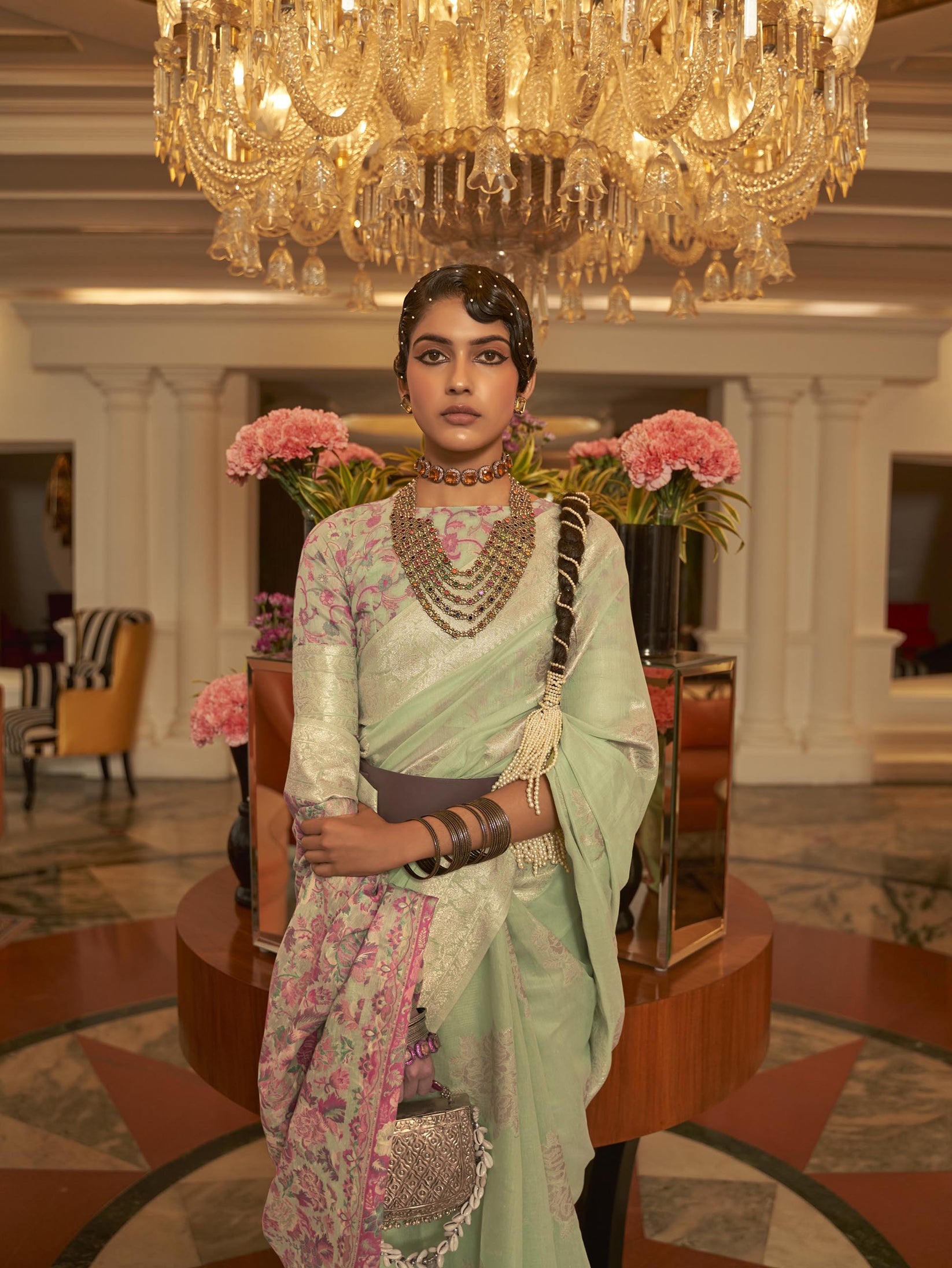 Pashmina Silk Saree with Kashmiri Pallu & Blouse - Mint Green