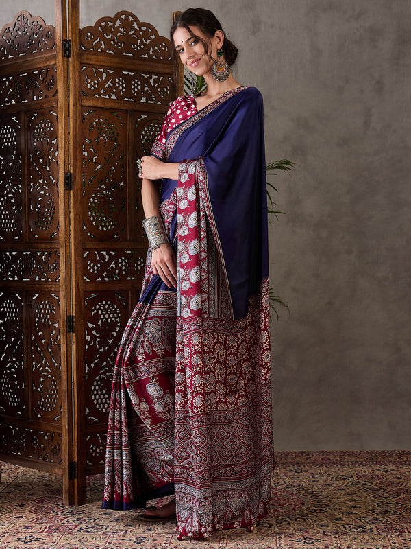 Ajrakh Printed Silk Saree - Maroon and Blue